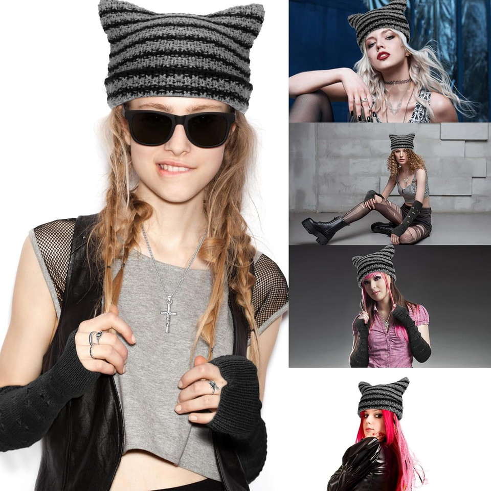 25 Pcs Y2K Grunge Knitted Cat Beanie with Fairy Grunge Ripped Gloves ...