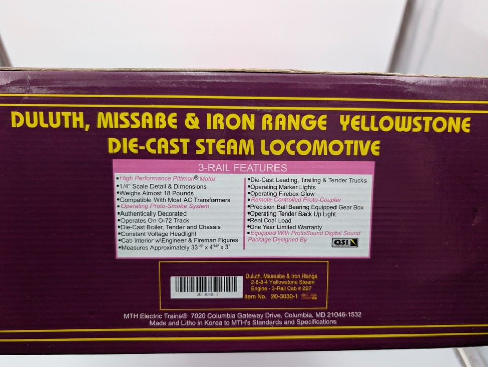 MTH 20-3030-1 O Gauge DM&IR 2-8-8-4 Yellowstone Steam Locomotive w/PS1 ...