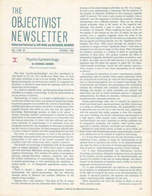 THE OBJECTIVIST NEWSLETTER Vol 3 No 10 Psycho-Epistemology October 1964 ...