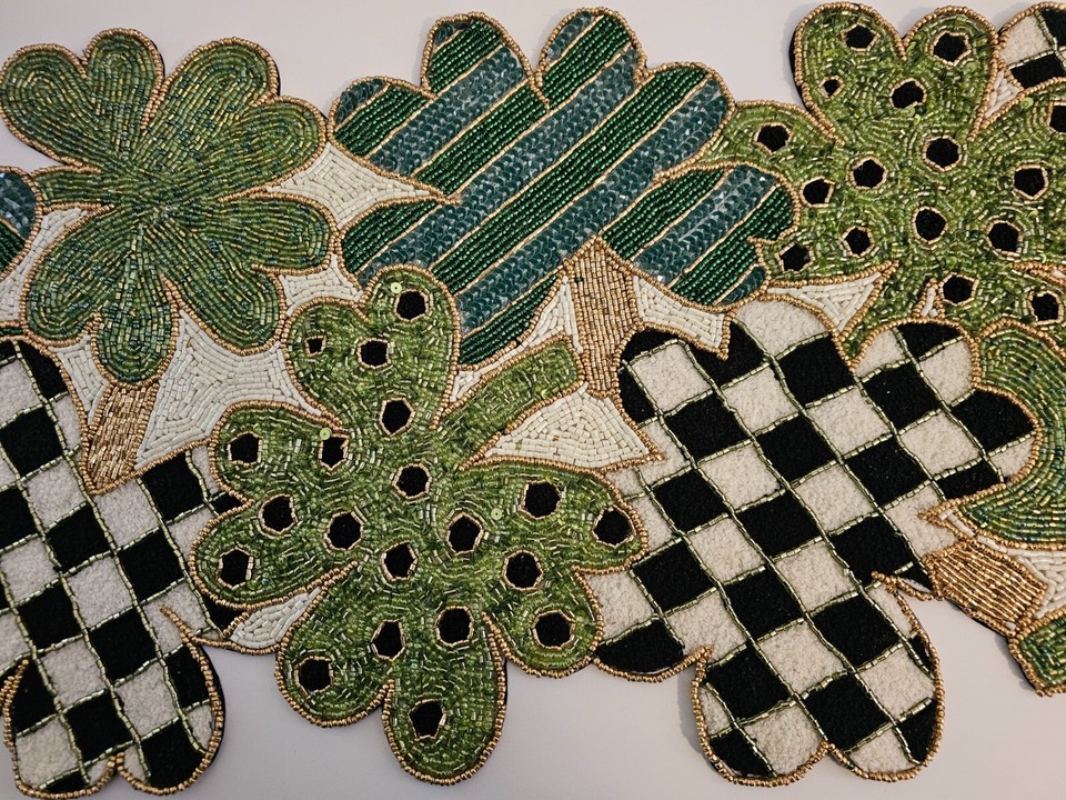 NEW Mackenzie Childs 36" LUCKY CLOVER BEADED TABLE RUNNER Stunningly ...