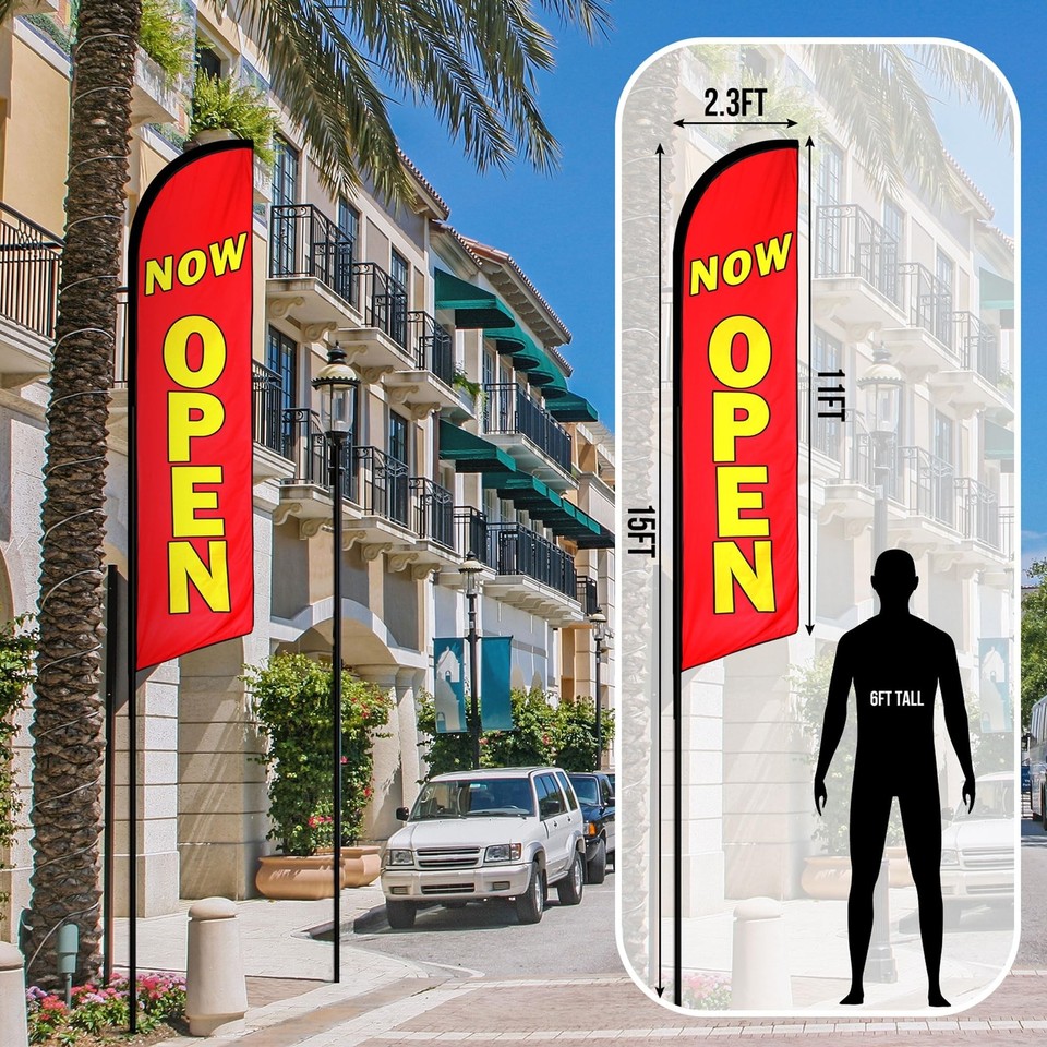 Large Open Feather Flag 15 x 2.3 ft Now Open Feather Flag Pole Kit Now ...