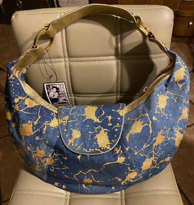 Junior Drake Hobo Purse Studded Denim Gold Paint Splattered Medium ...
