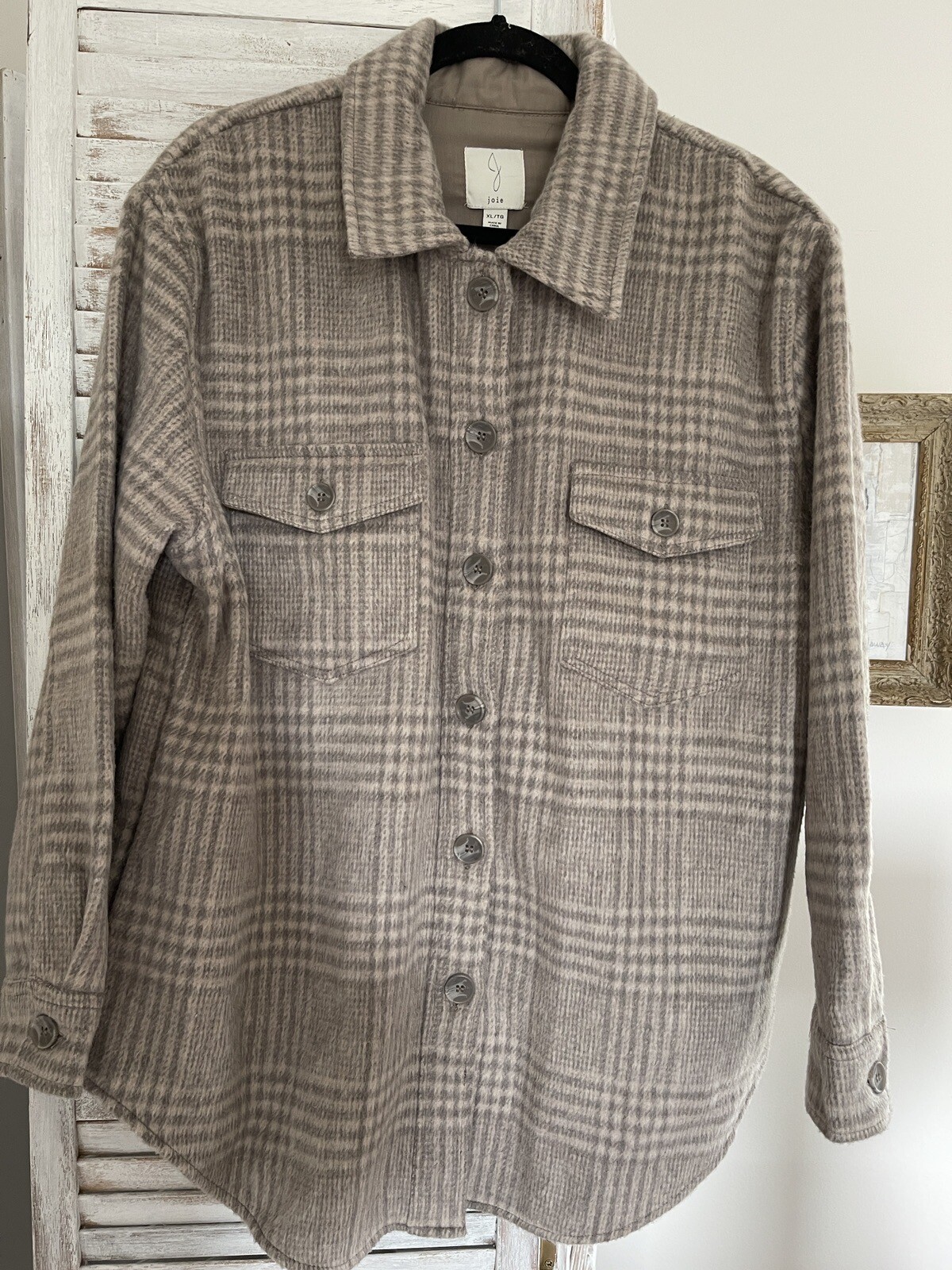 Joie Oversized Heavy Flannel Shirt Jacket Shacket Size XL Taupe Plaid 1 ...
