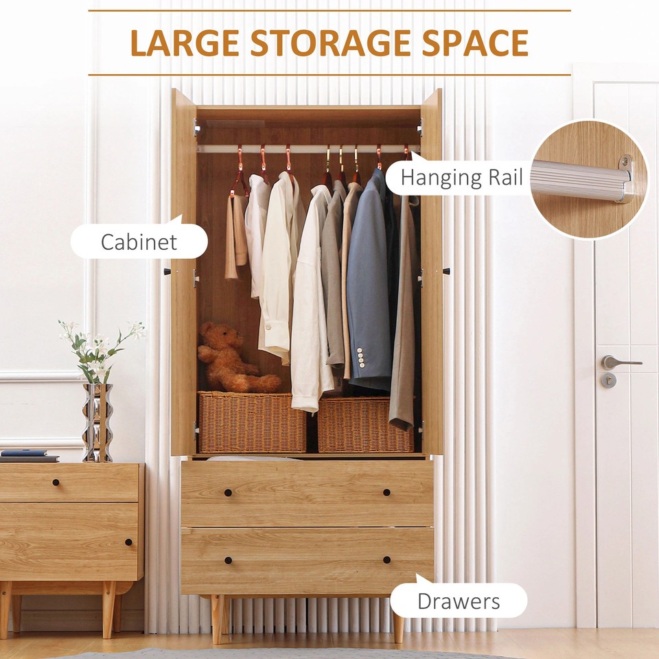Tall Wooden 2 Door Wardrobe With 2 Drawers Bedroom Storage Hanging Bar ...