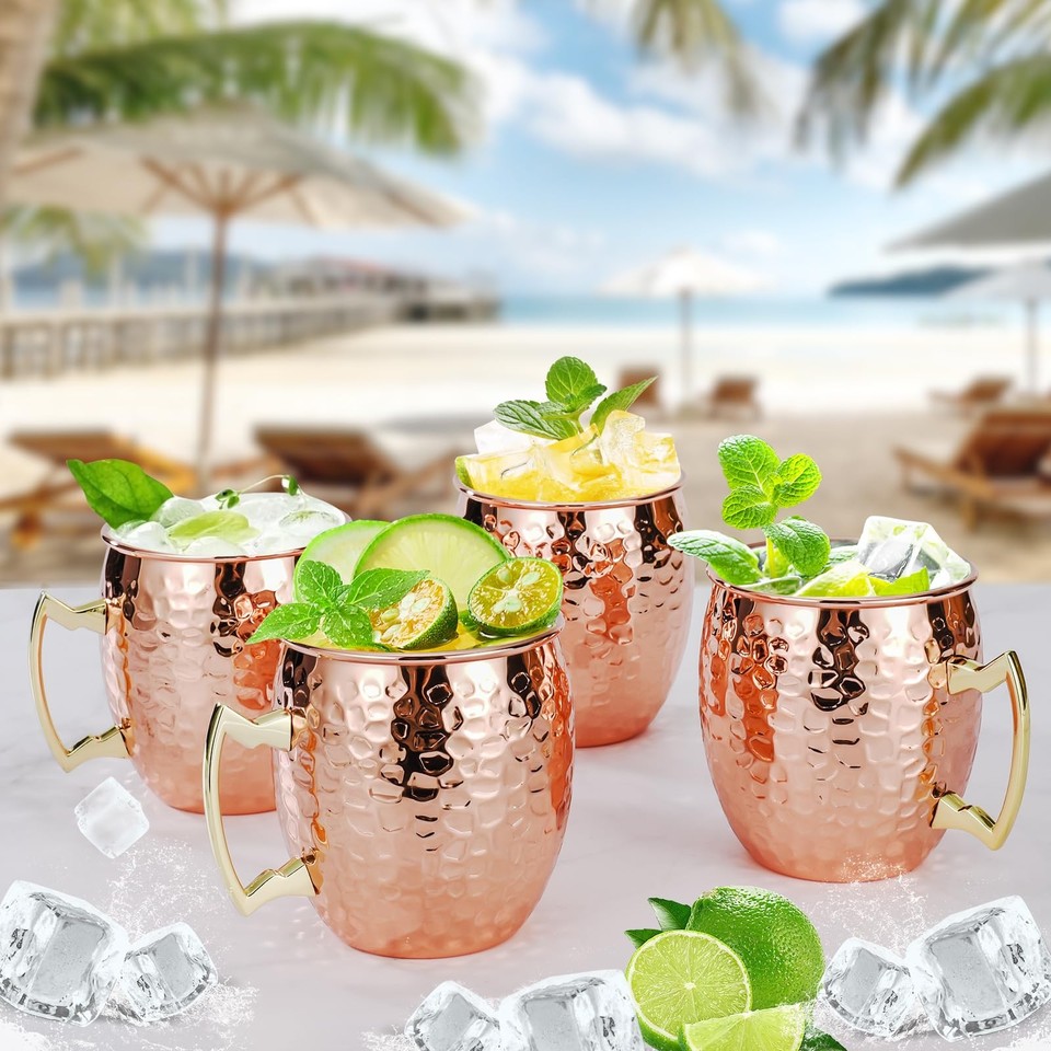 Moscow Mule Mugs Set of 4, 16 OZ Hammered Copper Cups with 304 ...