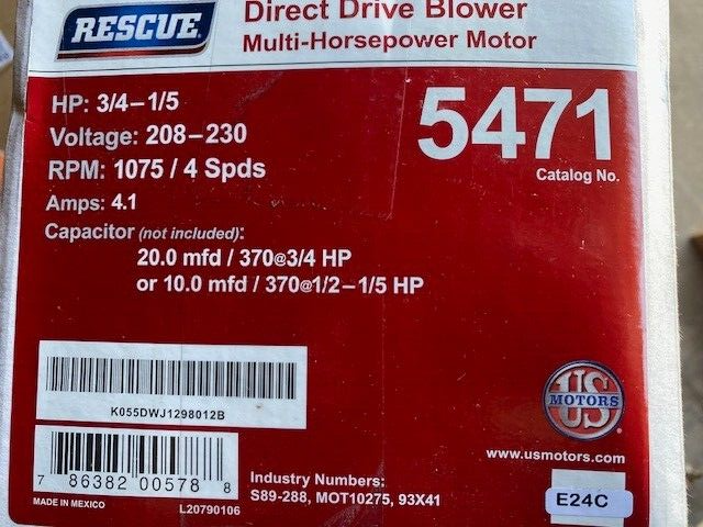 US Motors 5471 Rescue 5.6" Direct Drive Blower Motor, 208-230V, 3/4-1/5 ...