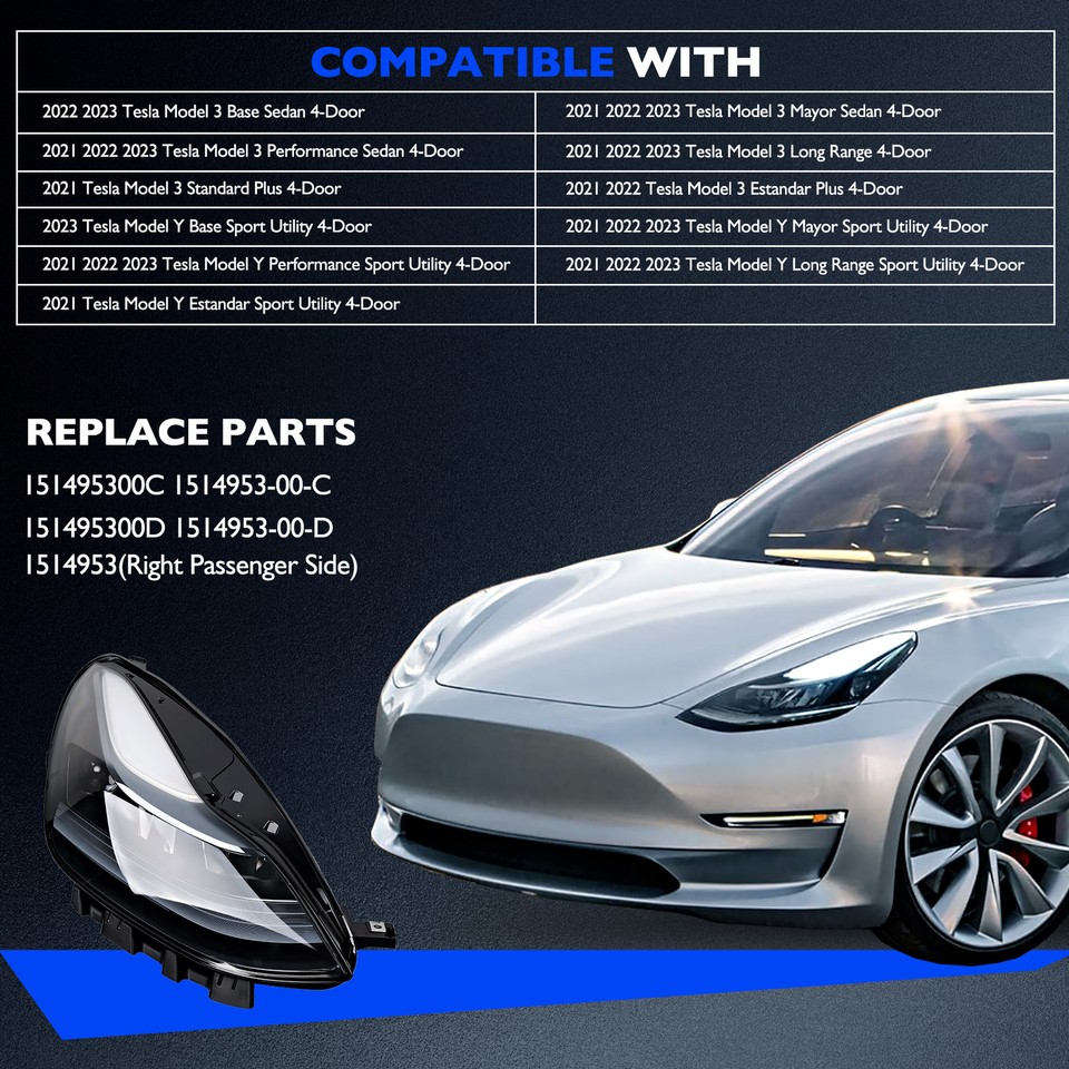 LED Headlight Headlamp Assembly Right Side For 2021-2023 Tesla 3 Y ...