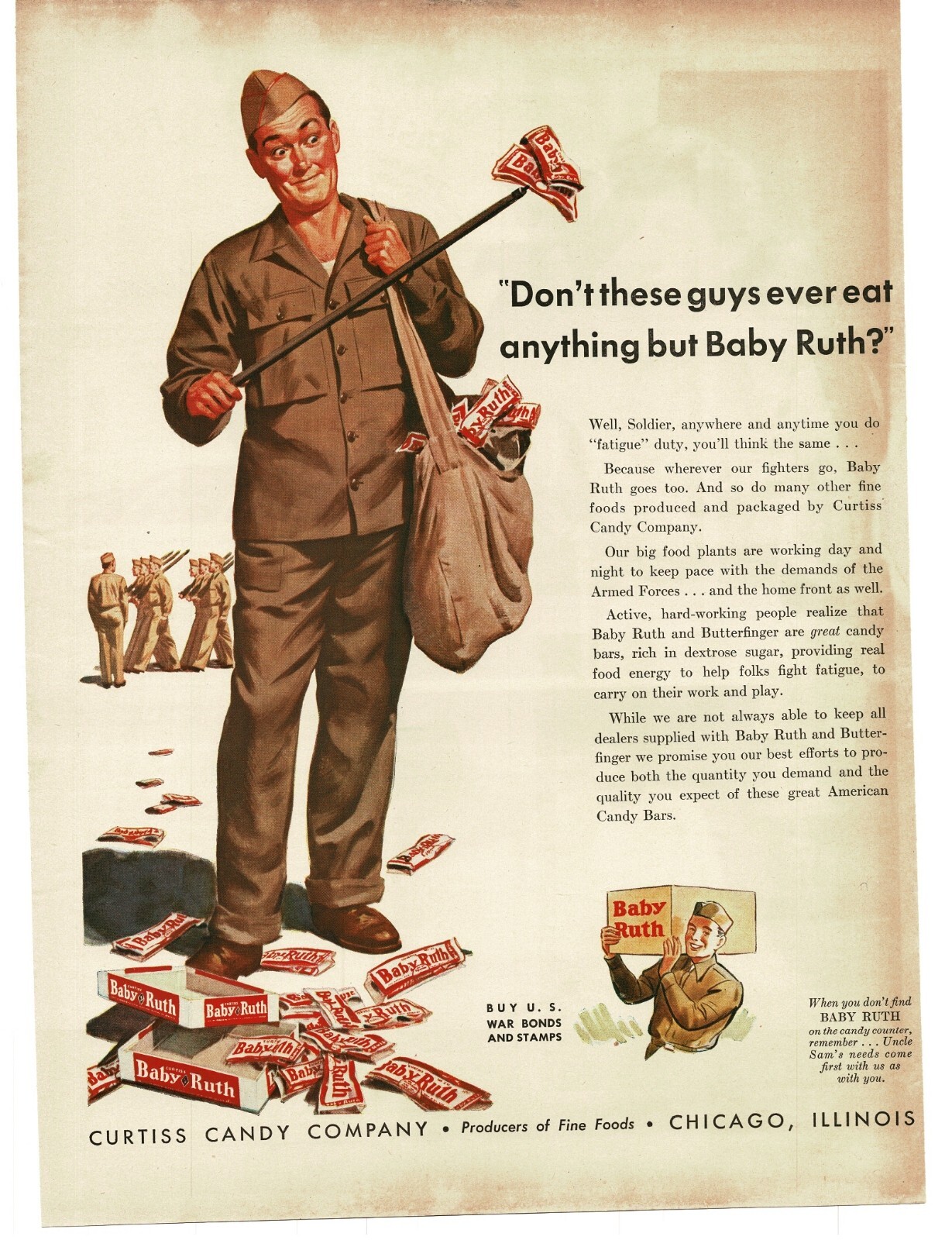 1943 BABY RUTH Candy Bar Soldier on Trash Detail art WWII Vintage Print ...
