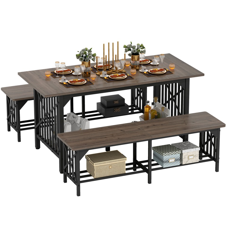 63" Large Dining Table 2 Benches for 6 People Seat Wood Kitchen Room ...