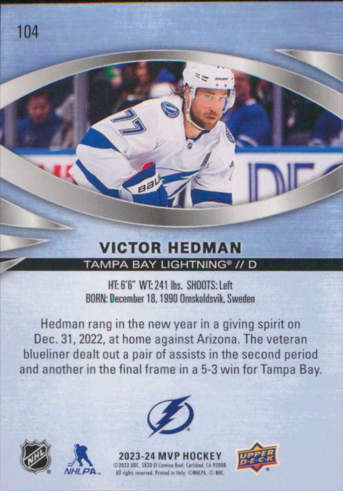 Victor Hedman 2023-24 Upper Deck MVP #104 NHL Lightning ID:79191 | eBay
