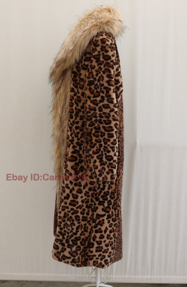 Womens Leopard Winter Thicken Warm Jacket Long Faux Fur Collar Trench ...