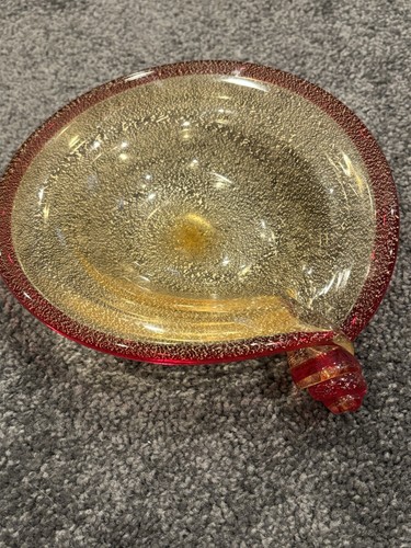 Murano Style MCM Ruby Red Rimmed Shell Bowl W/ All Over Bright Gold ...
