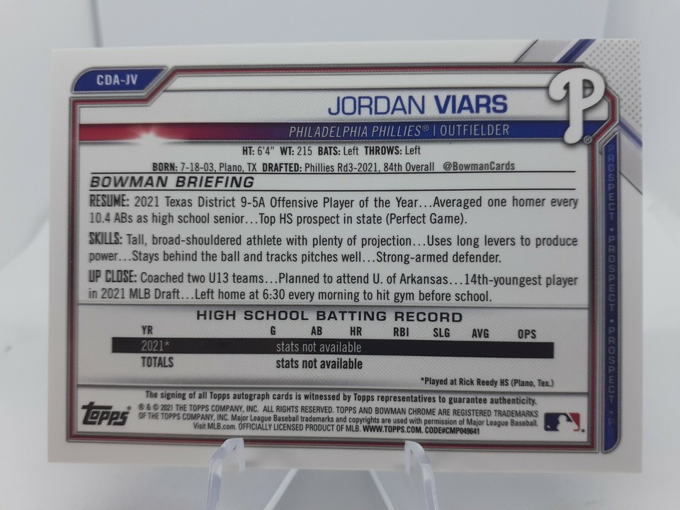 2021 1st Bowman Chrome Draft Auto JORDAN VIARS Blue Wave Refractor /150 ...