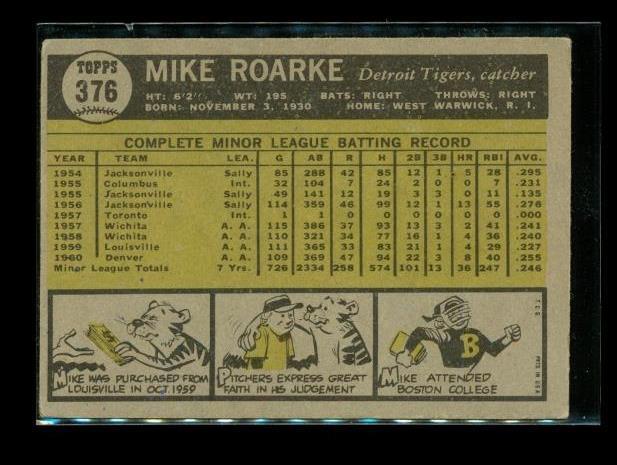 Vintage 1961 TOPPS ROOKIE Baseball Trading Card #376 MIKE ROARKE ...