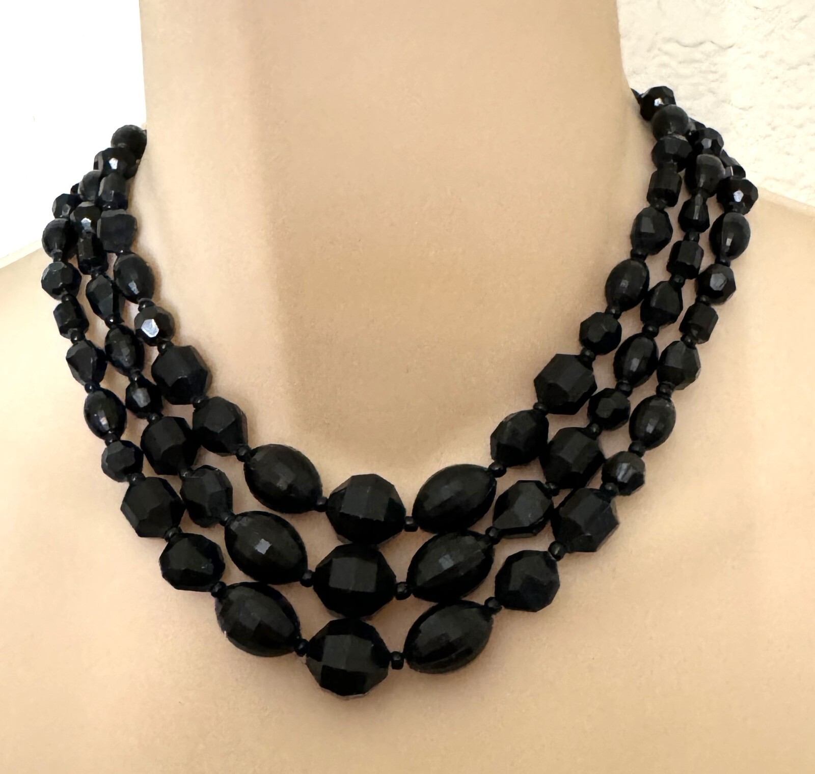 Vintage 3 Strands NECKLACE BLACK FACET BEADS from GERMANY 14" + 2" | eBay