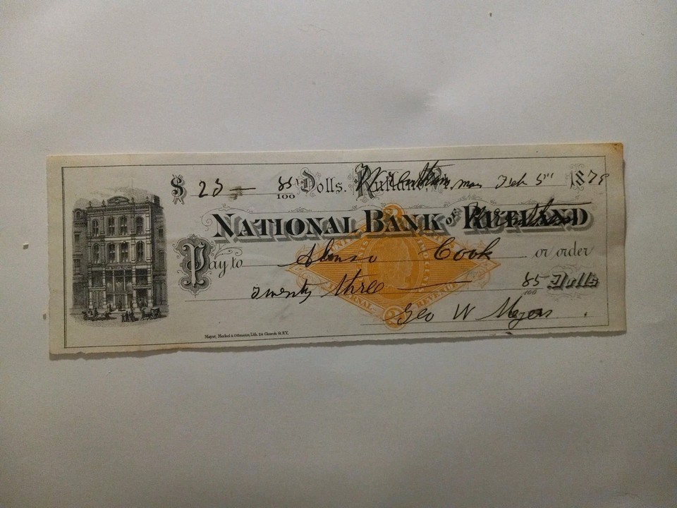 Vintage 1878 National Bank Of Rutland Virginia bank Check Beautiful ...