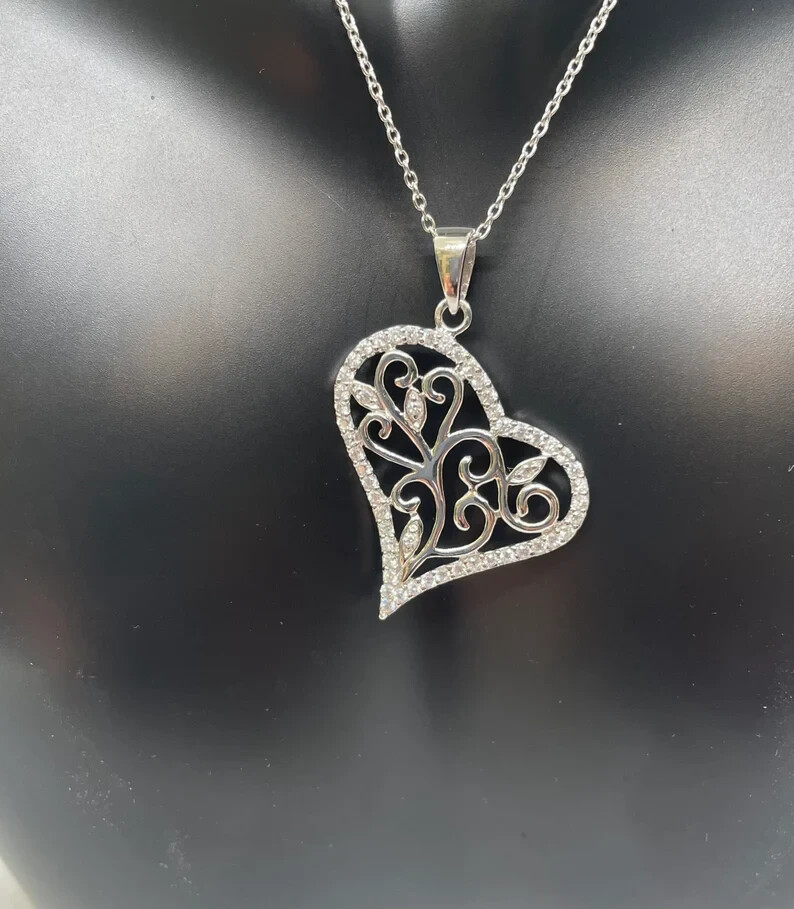 Large heart pendant necklace lab created diamond accents 925 sterling ...