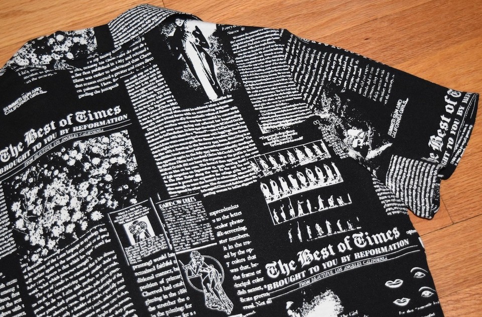 Reformation Womens Newsprint Cuba Blouse Camp Shirt Black Newspaper ...