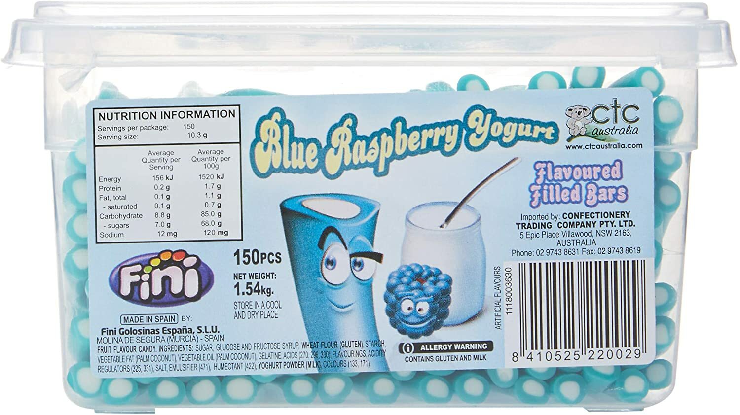FINI BLUE RASPBERRY YOGURT FLAVOURED FILLED BARS 150 PIECES 1.54kg BOX ...