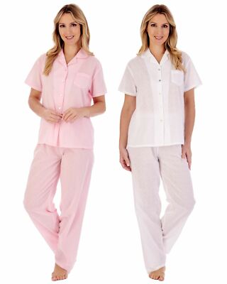 Slenderella Woven Cotton Pyjamas Dobby Dot Short Sleeve Tailored Pyjama ...