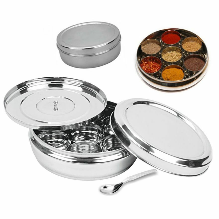 Stainless Steel Spice Masala Dabba Tin Box with additional cover | eBay UK