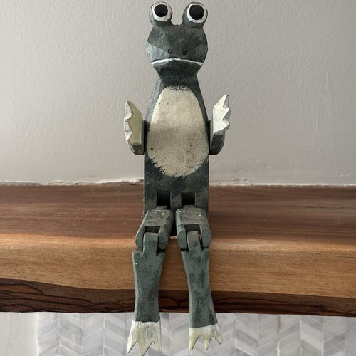 Wooden Frog Shelf Sitter Hand Crafted Folk Art Painted Movable Arms and ...