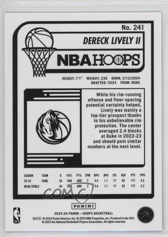 2023-24 Panini NBA Hoops Rookies Hyper Blue Dereck Lively II #241 ...
