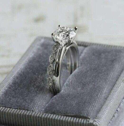 2 Ct Round Cut Simulated Diamond Wedding Bridal Set Ring 14K White Gold ...