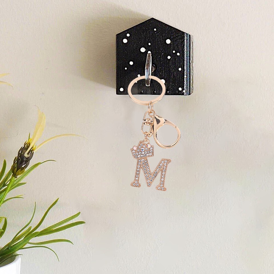 Rhinestone Studded Alphabet M Keychain with Crown for Gifts Purse ...