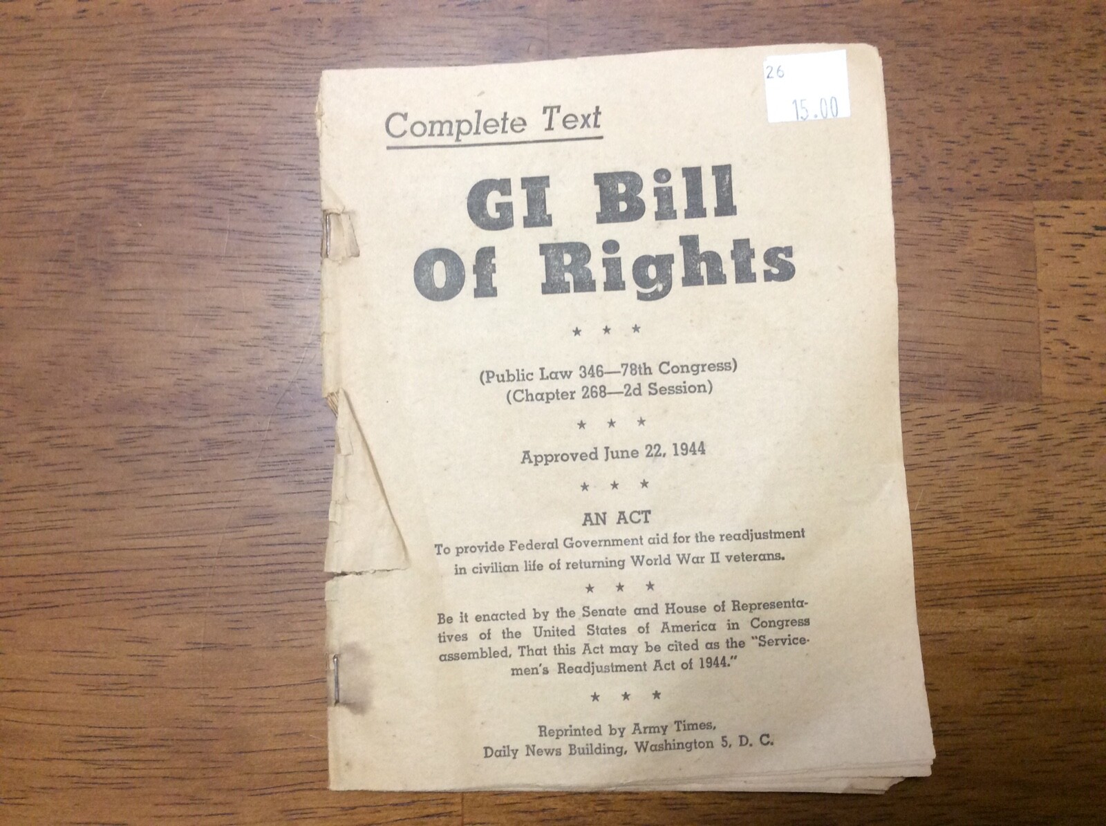 WWII 1944 Booklet GI Bill of Rights, Complete Text Soldier Military ...