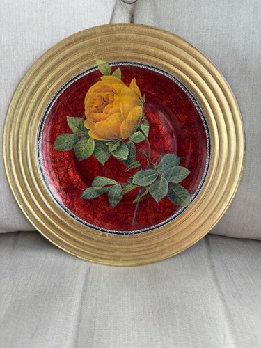 Scott Potter Decoupage Decorative Glass Plate Yellow Rose Flower Signed ...