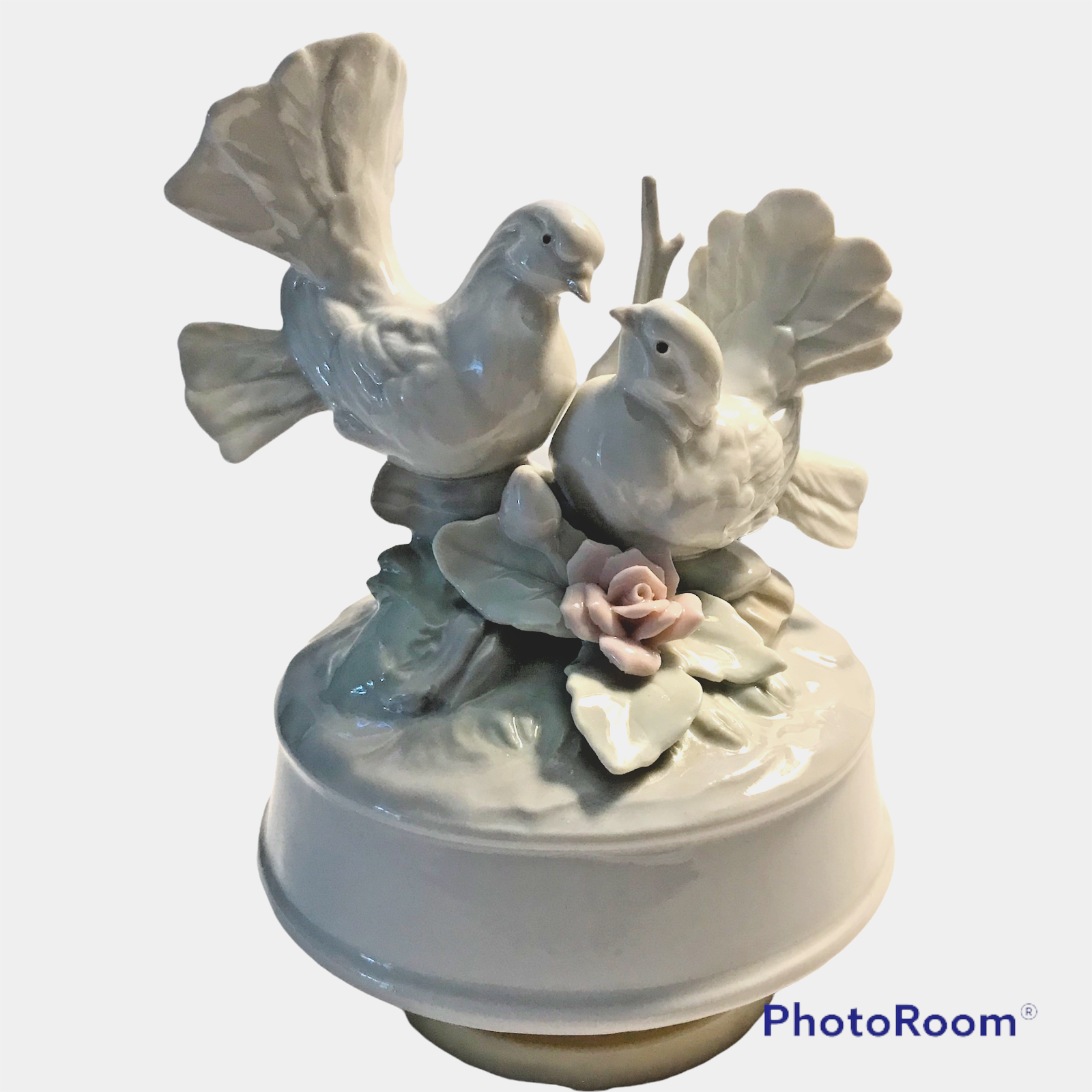 George Good White Porcelain Doves & Pink Rose Rotating Music Box ...