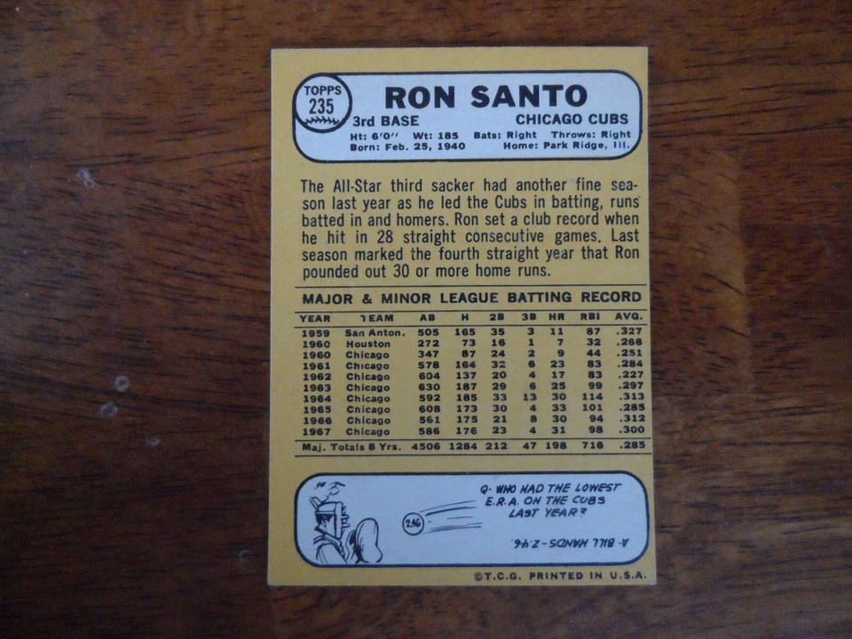 1968 TOPPS BASEBALL #235 RON SANTO CHICAGO CUBS EX-MT-NM 0-1237 | eBay