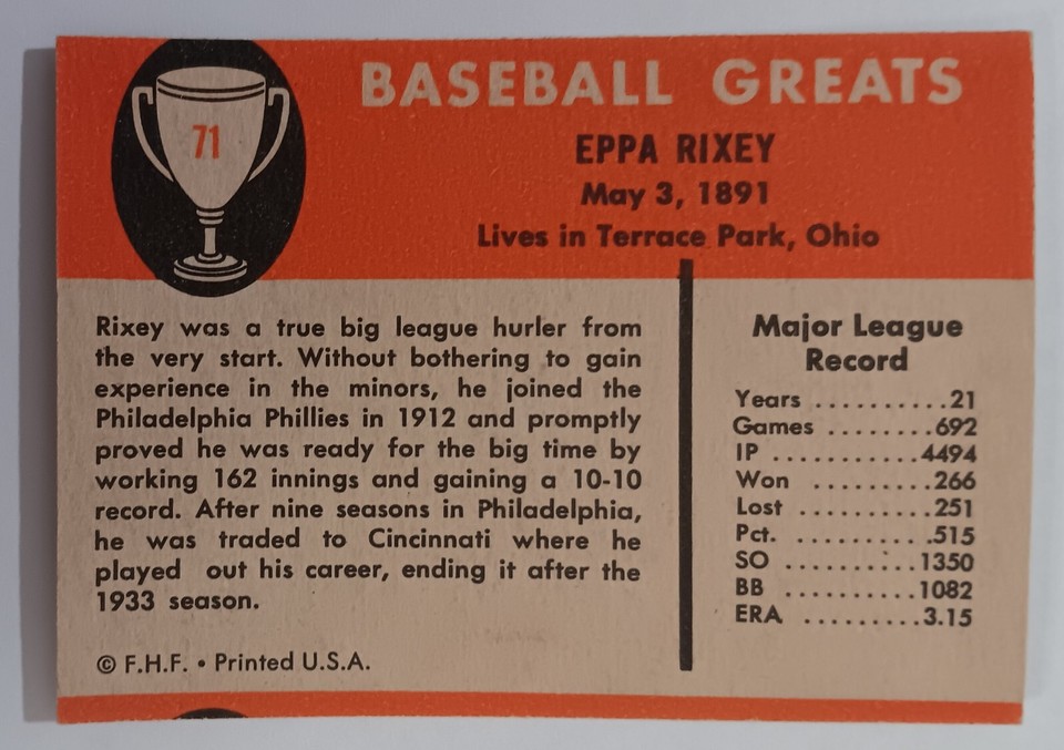 1961 Fleer Baseball Greats Eppa Rixey #71 | eBay