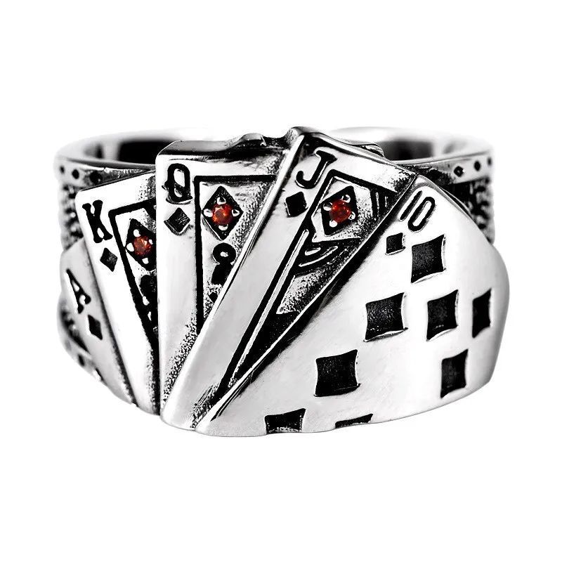 925 Sterling Silver Ring Playing Card Chunky Cubic Zirconia Engraved ...