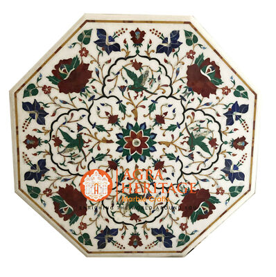 38" White Marble Octagon Dining Table Top Marquetry Bird Floral Inlay ...