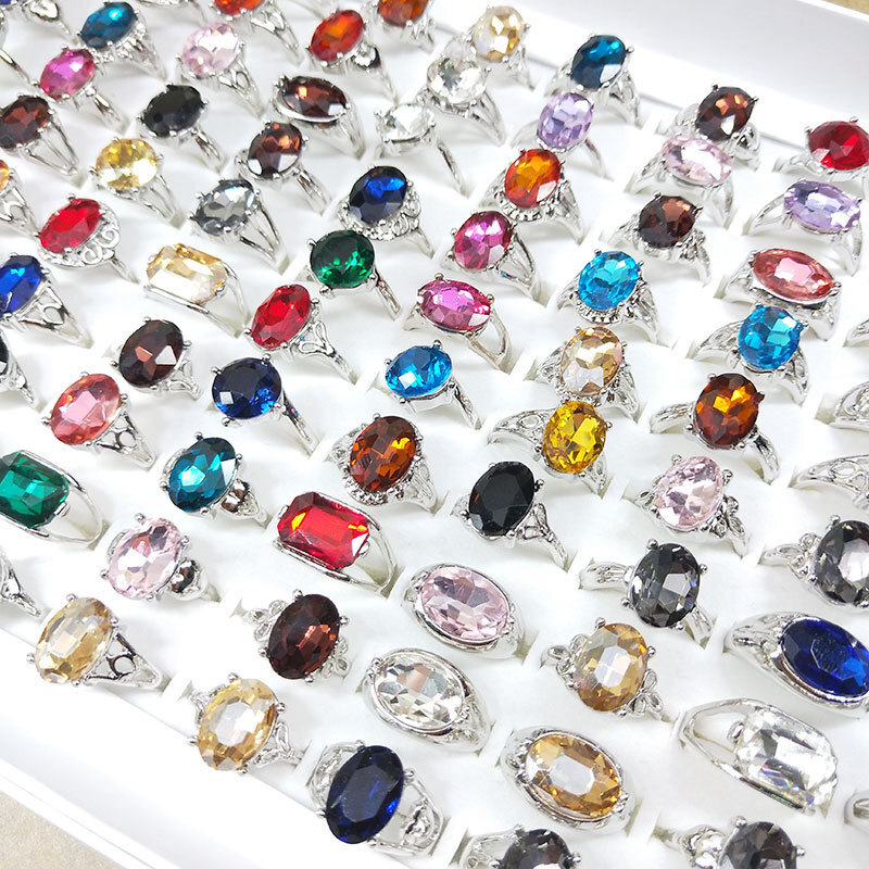 100Pcs Wholesale Colorful Crystal Mixed Rings Bulk Finger Band Ring ...