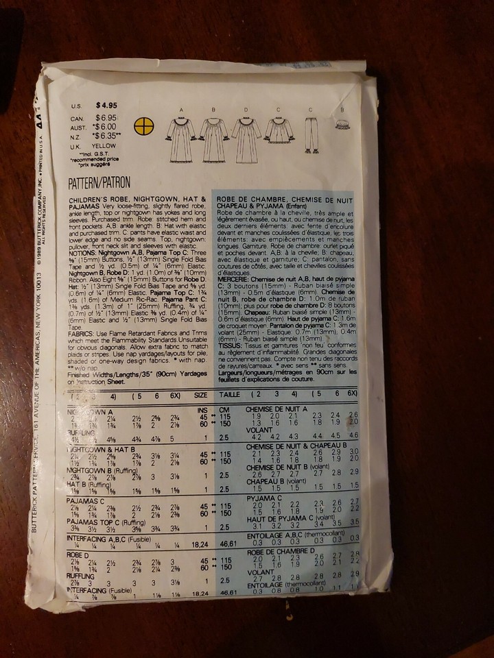 Sewing Pattern Butterick 4413 Girls 5, 6, 6x * Pajamas * Nightgown ...