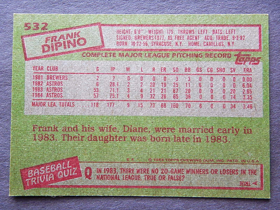 Frank Dipino #532 Topps 1985 Baseball Card (Houston Astros)*E | eBay