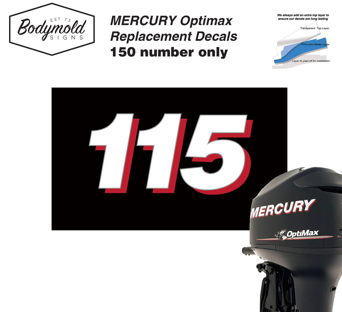 Mercury Optimax 115hp outboard decals 2008 Onwards 115 NUMBER ONLY | eBay