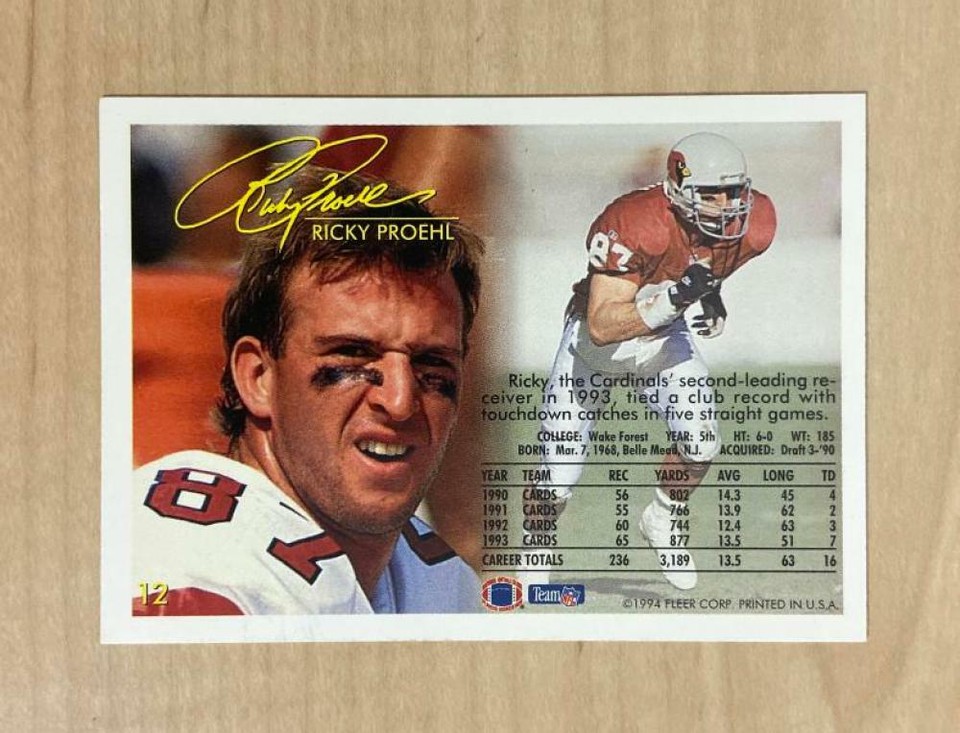 RICKY PROEHL ARIZONA CARDINALS SIGNED AUTOGRAPHED 1994 FLEER CARD #12 W ...