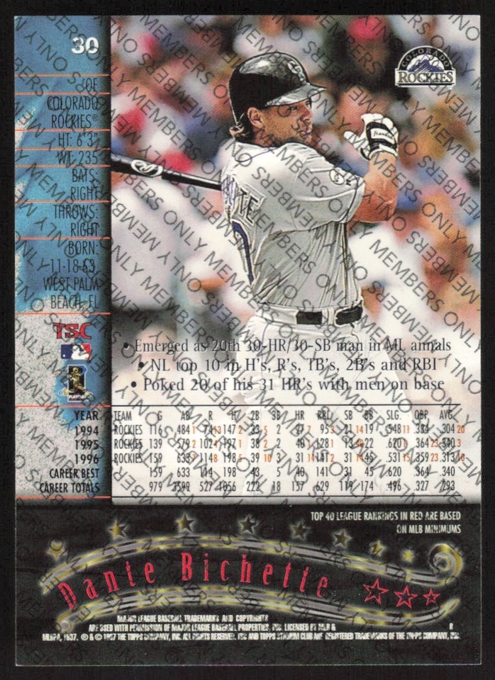 1997 Topps Stadium Club Members Only Dante Bichette #30 Colorado ...