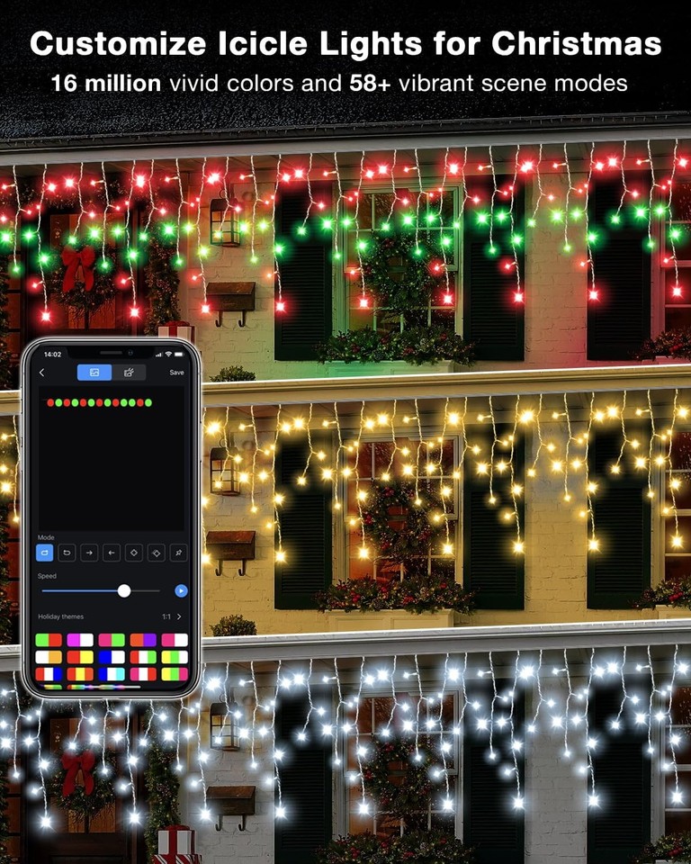 66FT Smart Color Changing Icicle Lights Outdoor - APP Control DIY 16M ...