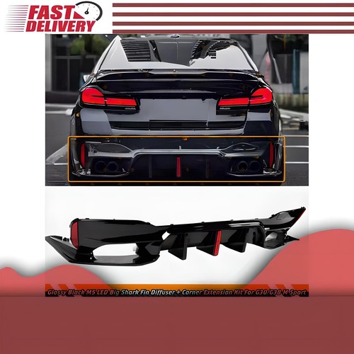 Fit 17-23 BMW G30 G38 Big Fin M5 Style Gloss Black LED Rear Bumper ...
