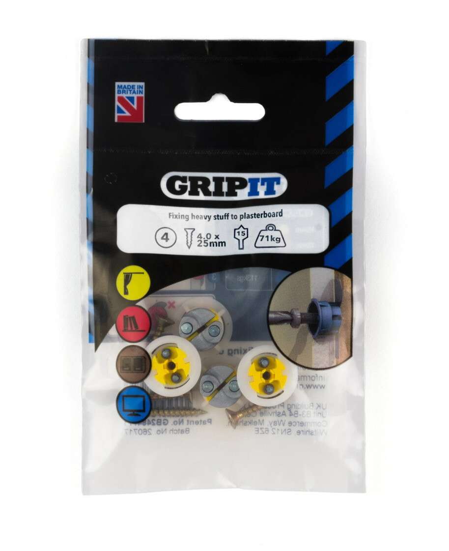 Grip It Yellow 15mm 4pcs PLASTERBOARD FIXINGS & SCREWS HOLLOW CAVITY ...