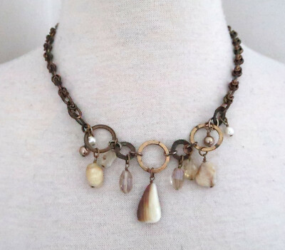 RACHEL REINHARDT Banded Agate crystal pearl Necklace antique brass ...