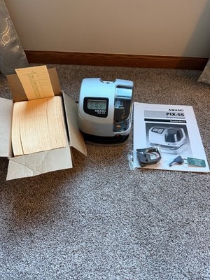 Amano PIX-55 Atomic Time Clock, Box of Time Cards, Key, Spare Ribbon ...