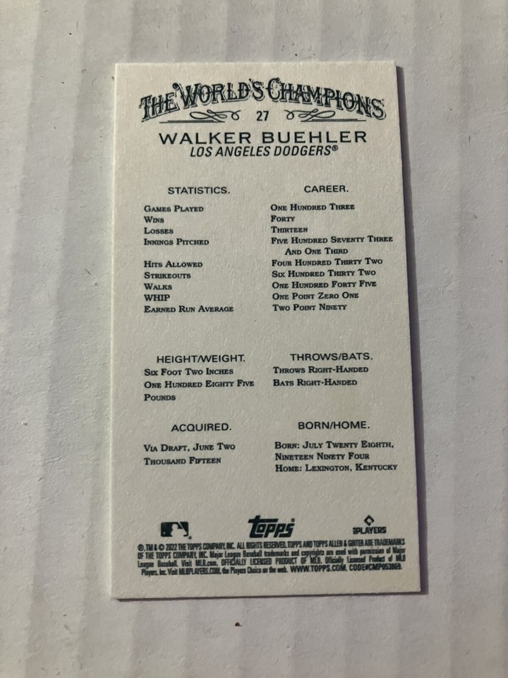 2022 Topps Allen and Ginter Mini Base #27 Walker Buehler - Los Angeles ...