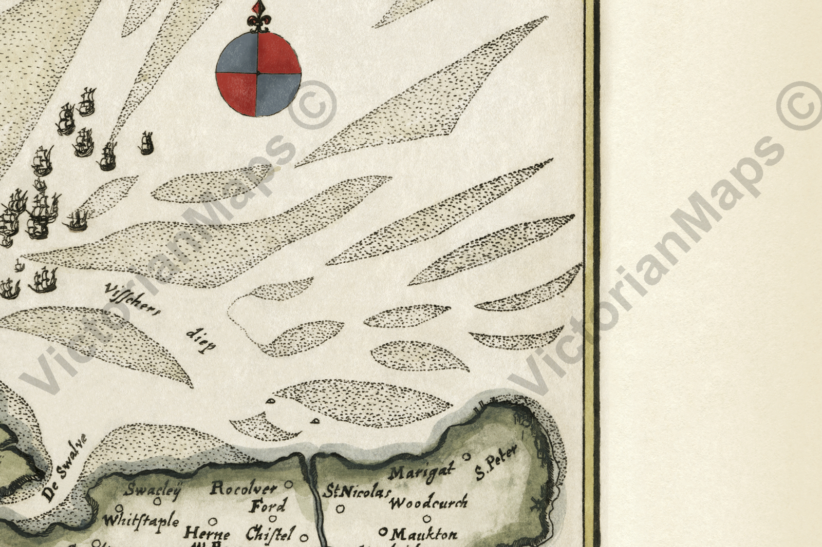 antique early map Thames river London estuary Sheppey Isle Merian 1667 ...
