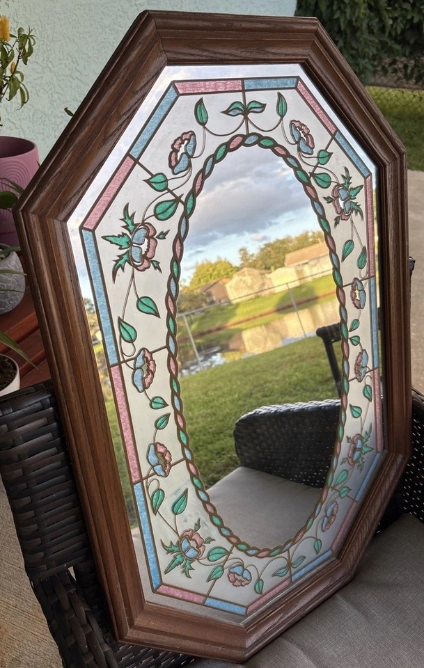 Vintage octagon etched rope oval mirror color glass real wood framed ...